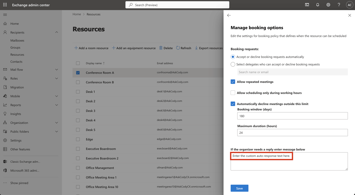 How to change the auto-response text from meeting rooms in Exchange
