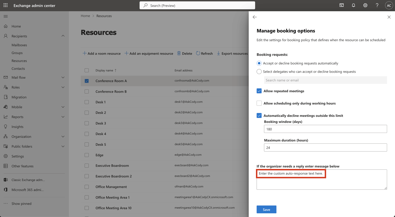 How to change the auto-response text from meeting rooms in Exchange
