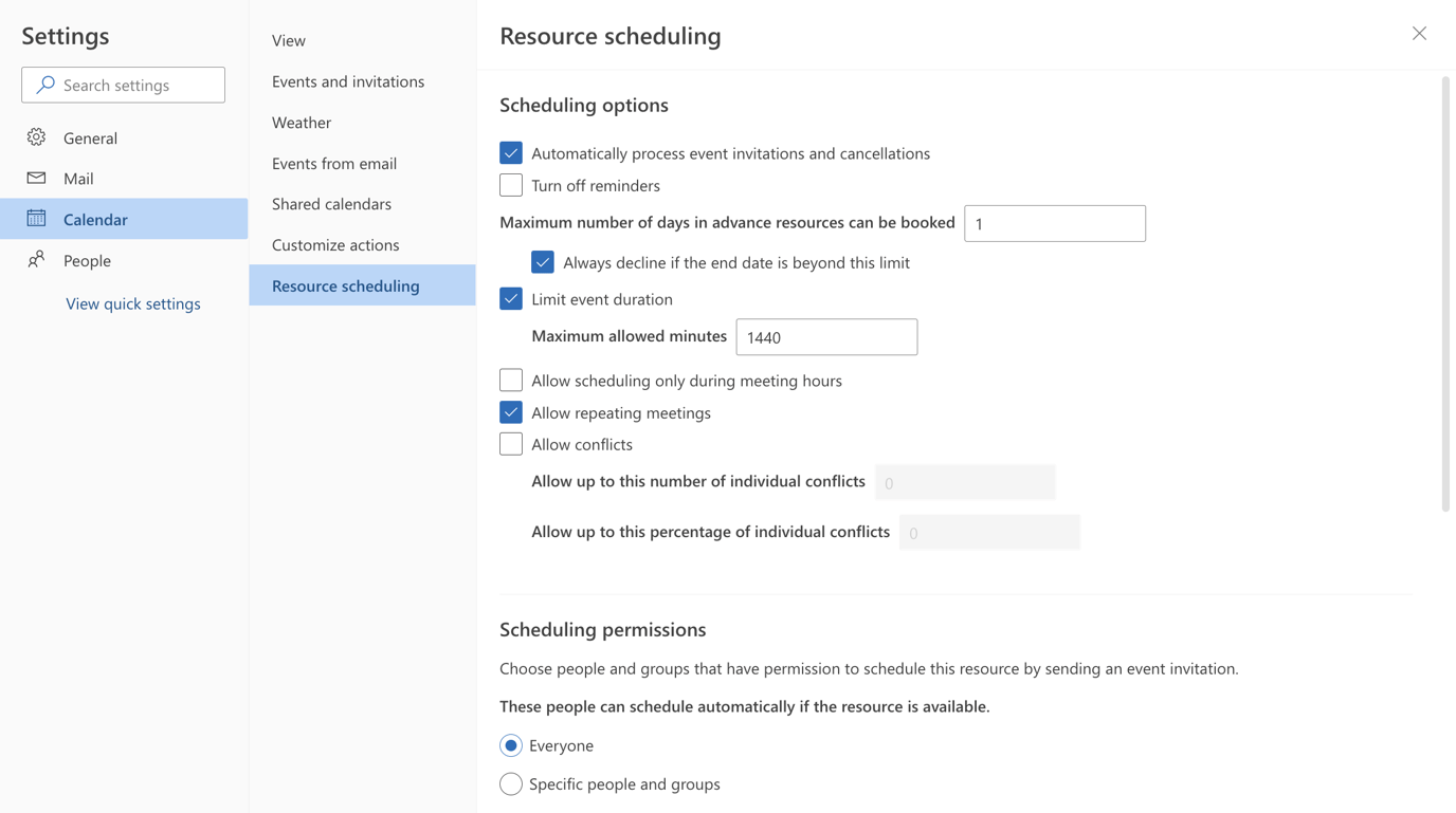 Scheduling Options and Permissions inside Office 365 and Exchange